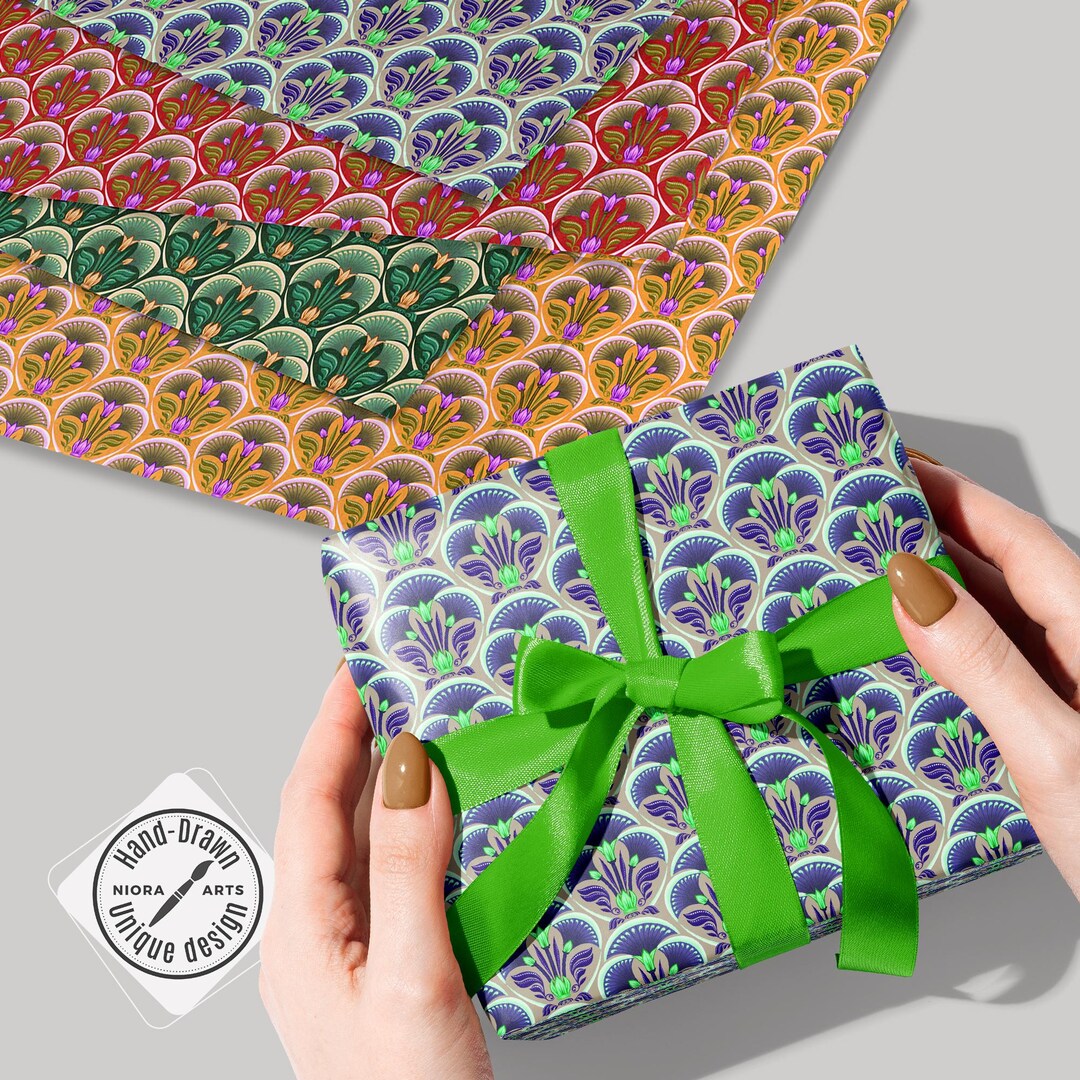 Blue Royal Egyptian Gift Wrap Wrap Paper Lotus Motif Ancient Floral Art ...
