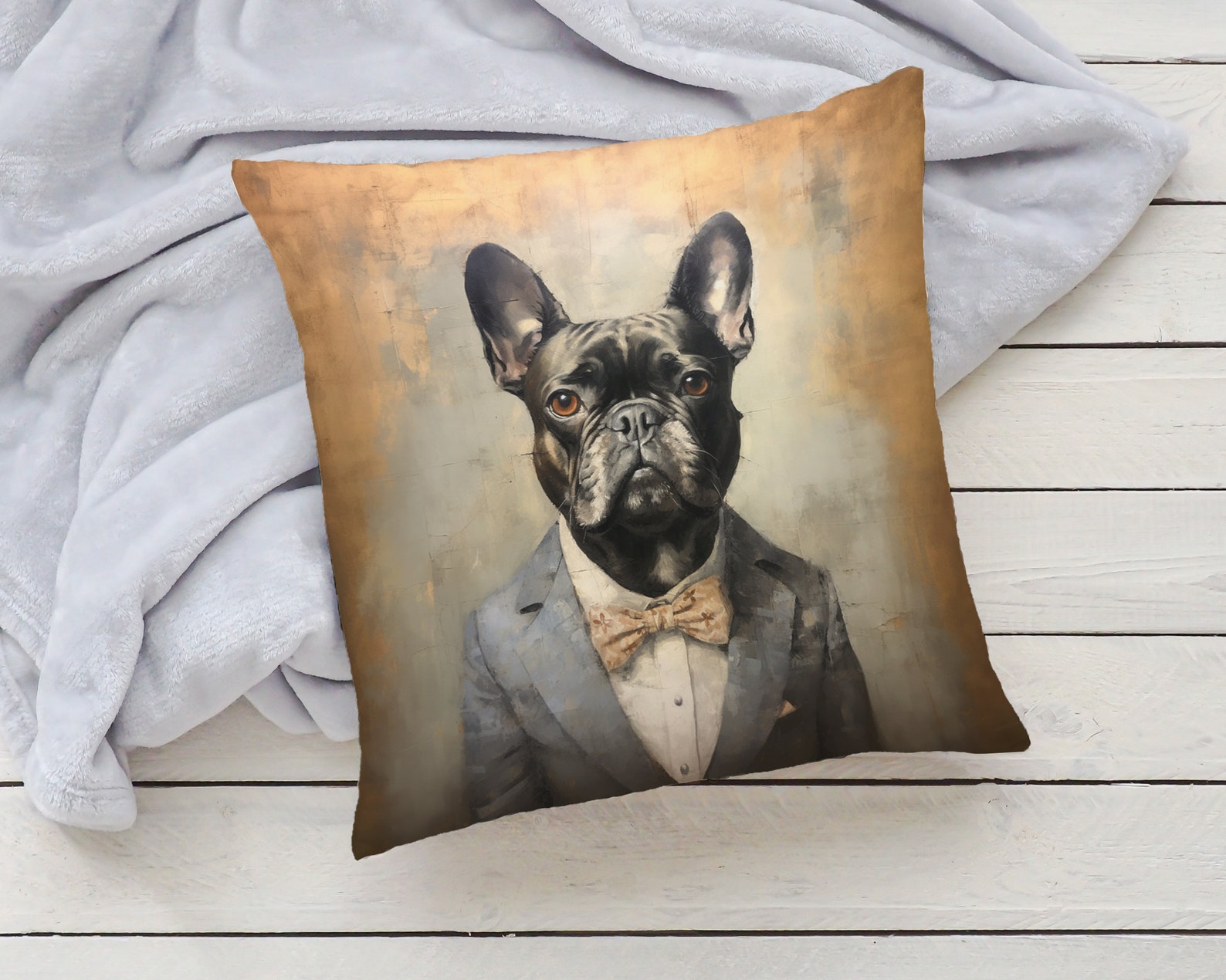 Gentleman Frenchie Portrait Pillow Mid-century Modern Charm Beige Grey ...