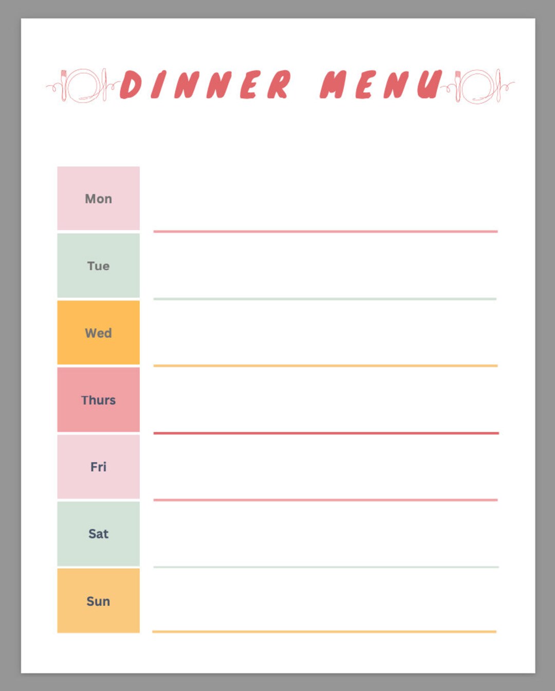 Simple Colorful Weekly Dinner Menu (printable) - Etsy