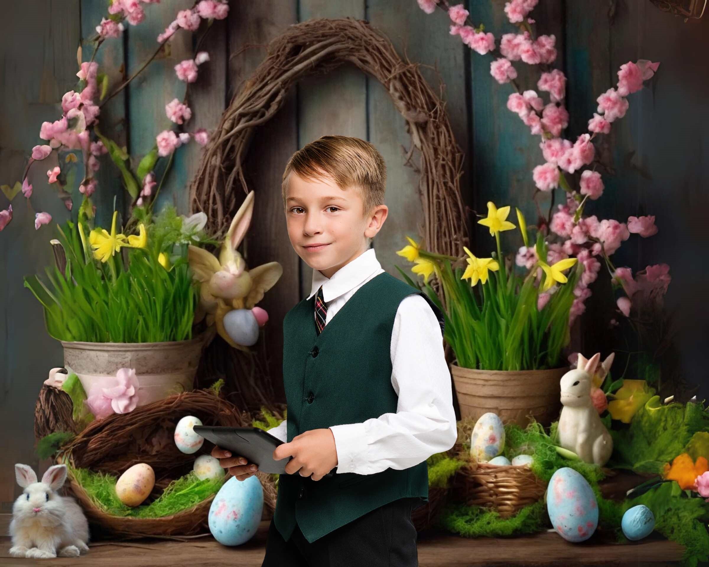 Easter Photo Background | Bunny Backdrop | Easter Eggs and Daffodil ...