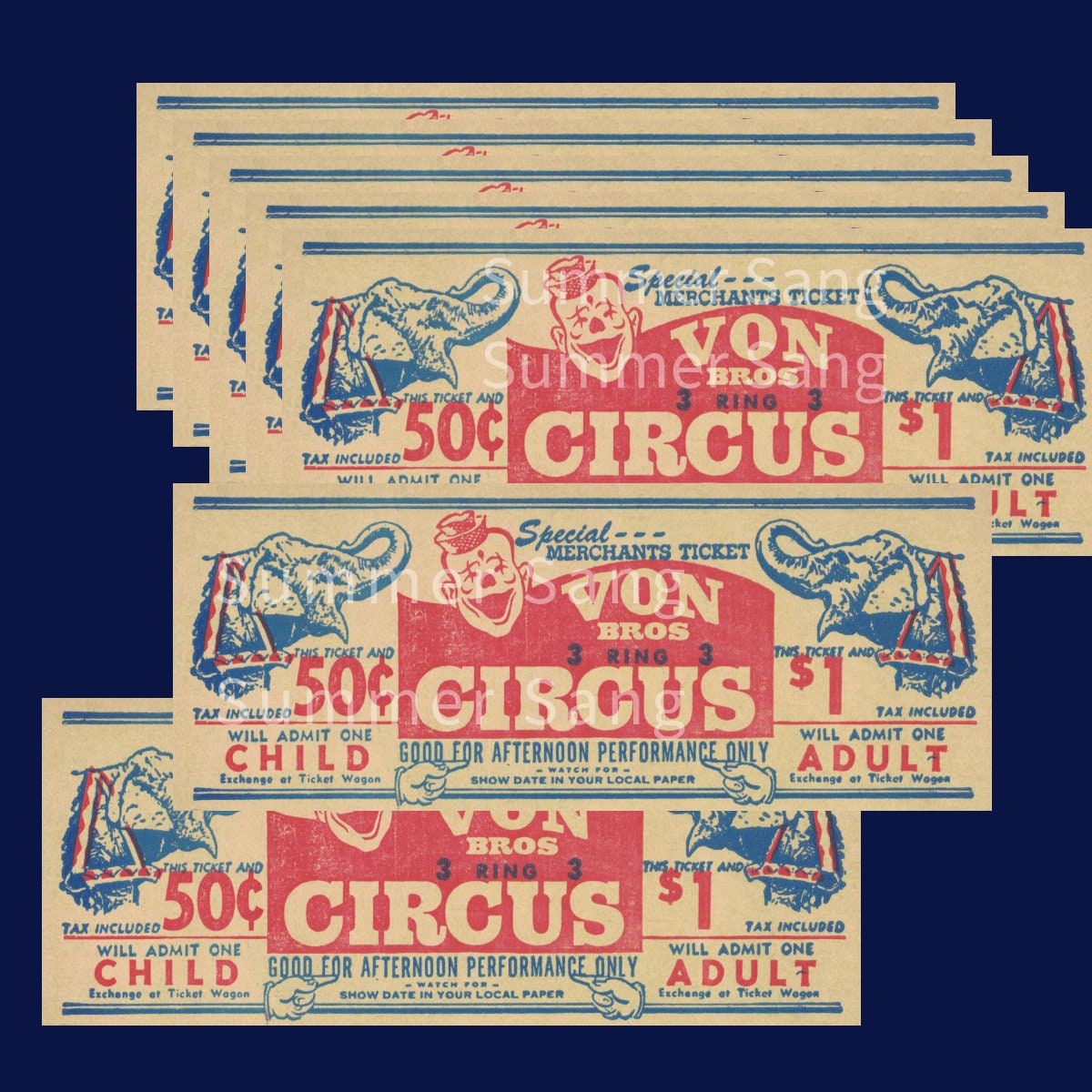 1950s CIRCUS Tickets Von Bros Three Ring Circus Tickets Printable ...