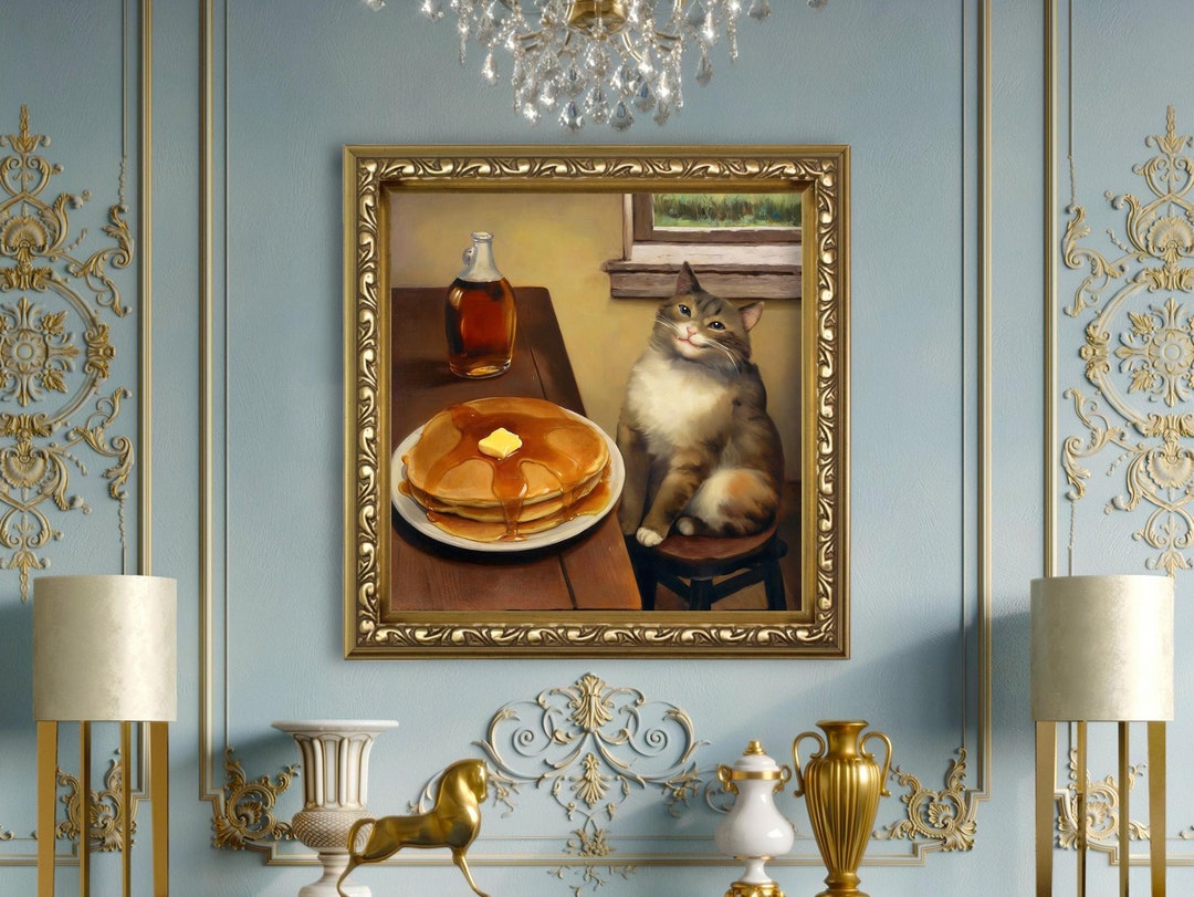 Pancake Blini Cat Meme Art in Renaissance Painting Style Quirky Home Decor Fat Cat on High ...