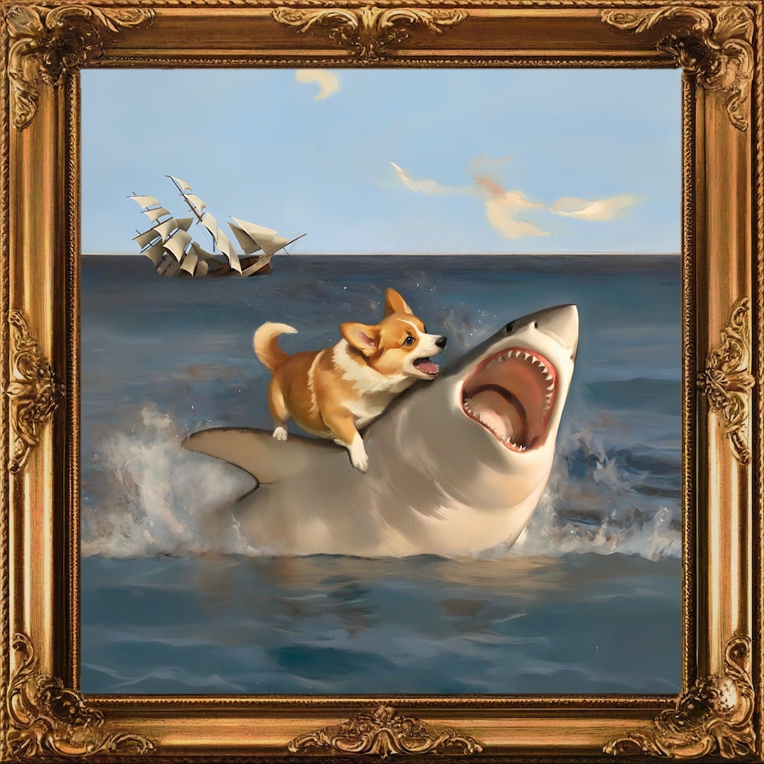 Corgi Vs. Shark Meme Art Re-imagined in Renaissance Painting Style on ...
