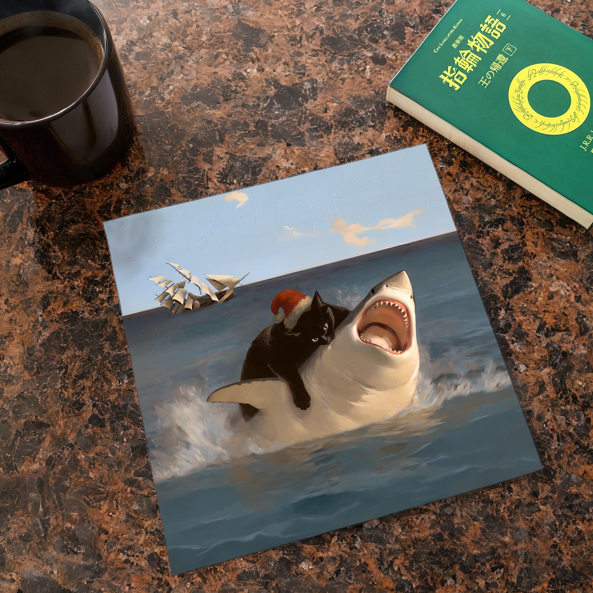 Fat Cat Riding Shark Art Print: Holiday Meme, Renaissance Style - Etsy