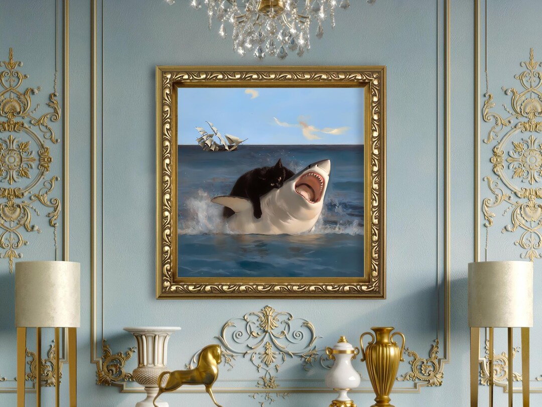 Cat Vs. Shark Meme in Renaissance Painting Style Quirky Home Decor ...