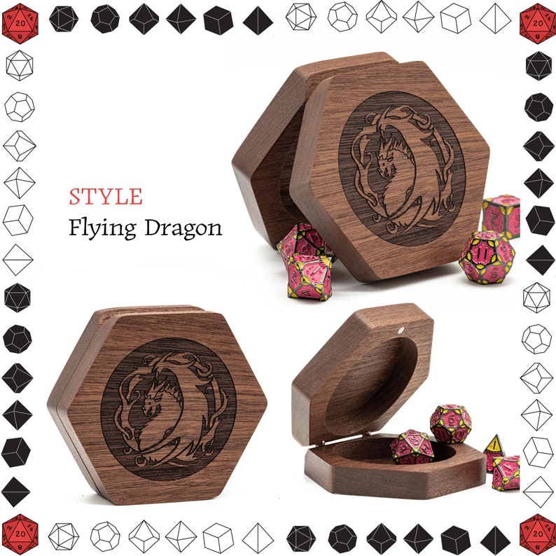 Dnd Dice Storage Box With Tray D20 Skull, Hexagon Walnut Wooden Holder ...