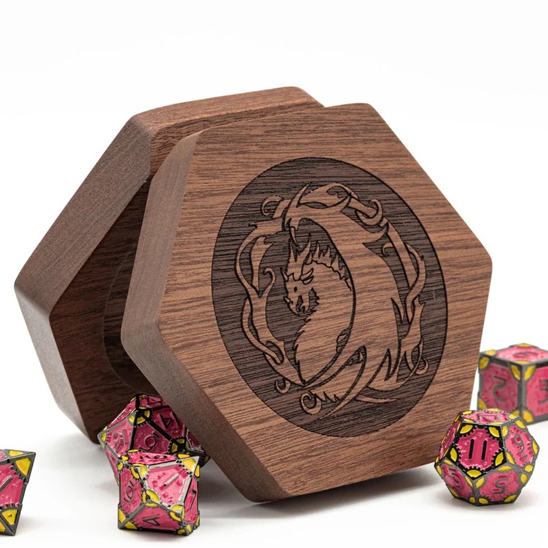Dnd Dice Storage Box With Tray D20 Skull, Hexagon Walnut Wooden Holder ...