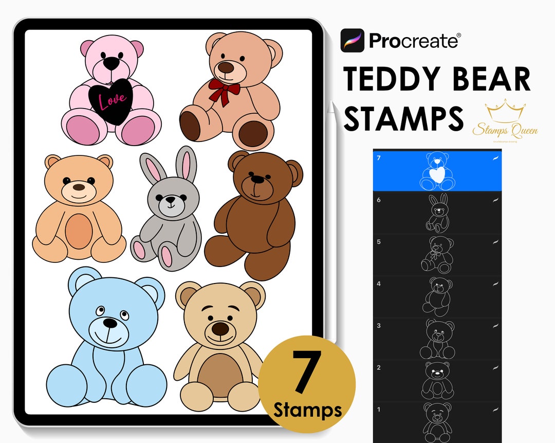 Teddy Bear Procreate Stamps, Cute Animal Digital Stamps (digital ...
