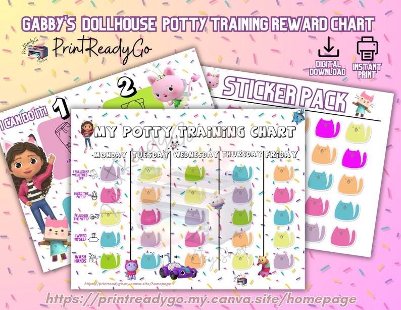 Bundle Pack Gabby's Dollhouse Potty Training Reward Chart With Potty ...