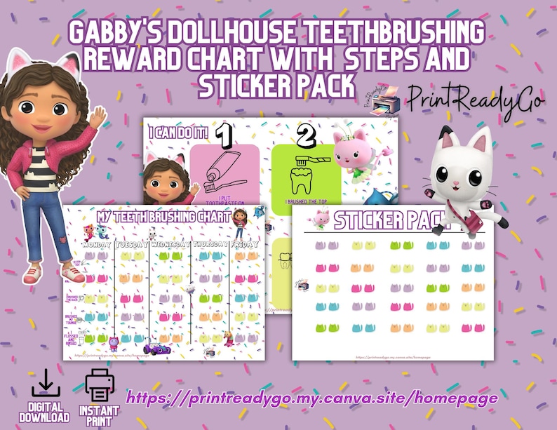 Bundle Pack Gabby's Dollhouse Teeth Brushing Reward Chart With Steps ...