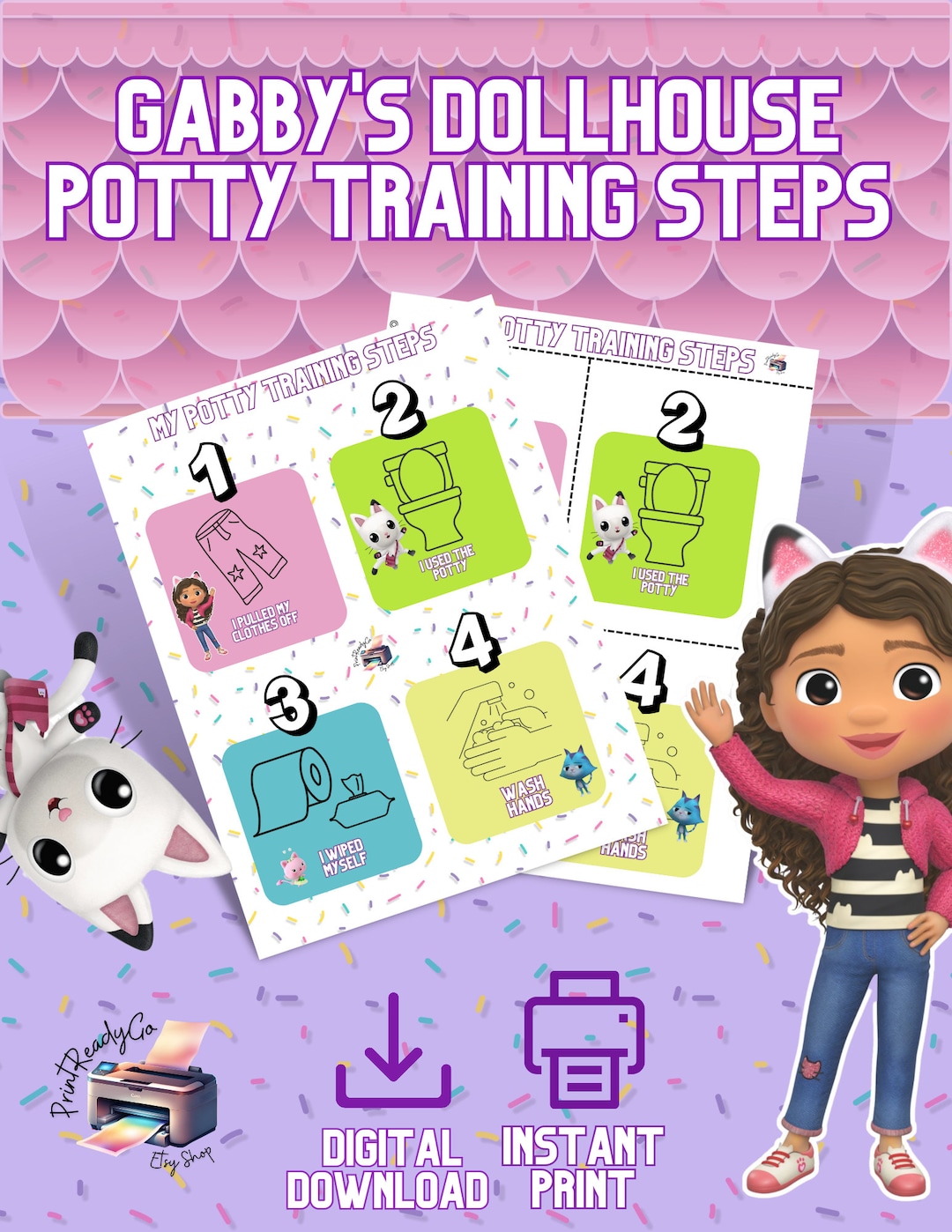Gabby's Dollhouse Printable Potty Training Steps Diy Cut Cards and ...