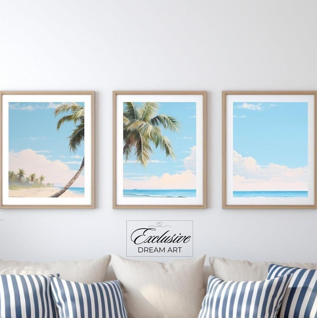 Palm Tree Poster, Ocean Wave Photo, Tropical Printable Wall Art, Pastel ...