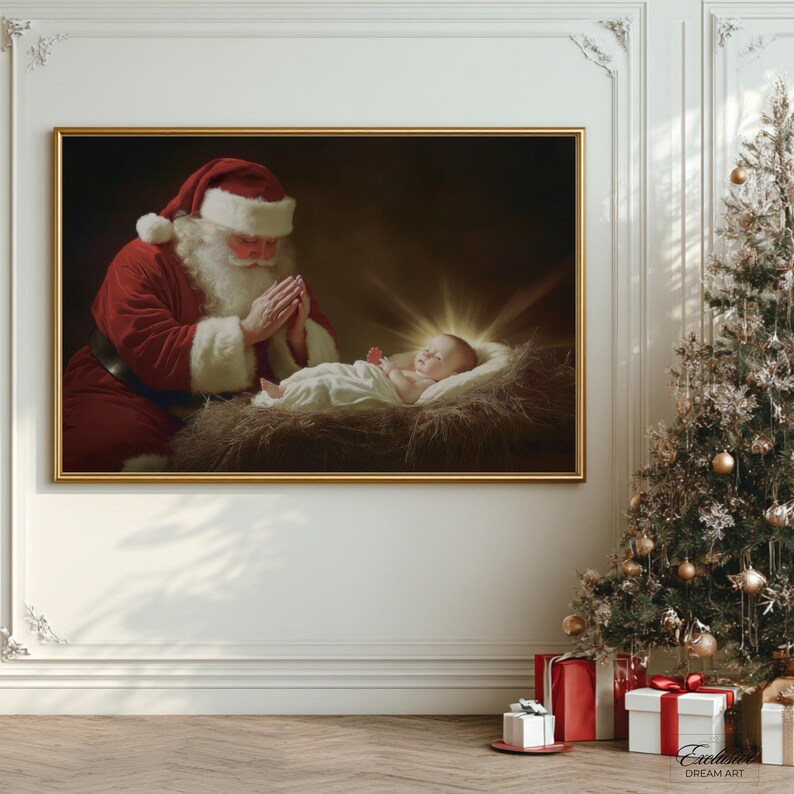 Santa Kneeling Before Baby Jesus Printable Nativity Christian Christmas ...