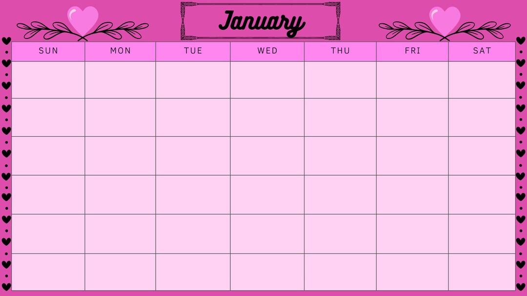 Cute Black Pink Heart Printable Calendar - Undated - Etsy