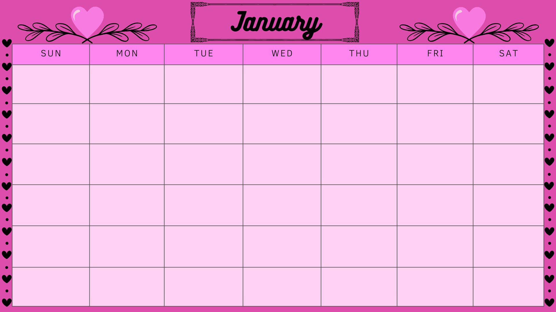 Cute Black Pink Heart Printable Calendar - Undated - Etsy