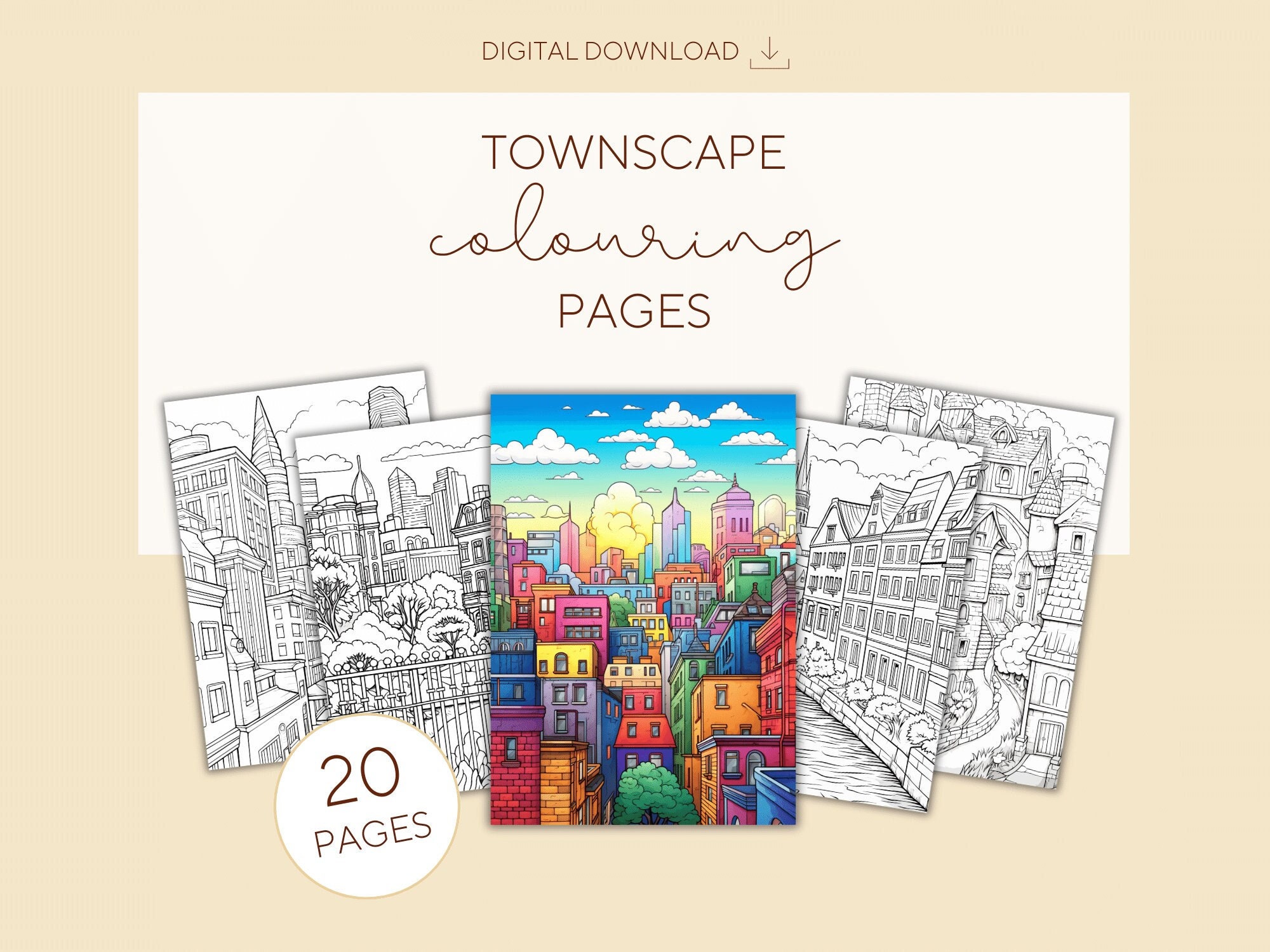 Townscape Colouring Pages - Instant Download, Adult Colouring Pages ...
