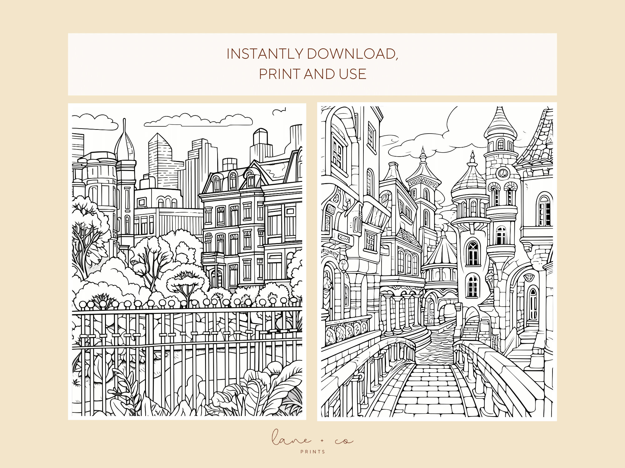 Townscape Colouring Pages - Instant Download, Adult Colouring Pages ...