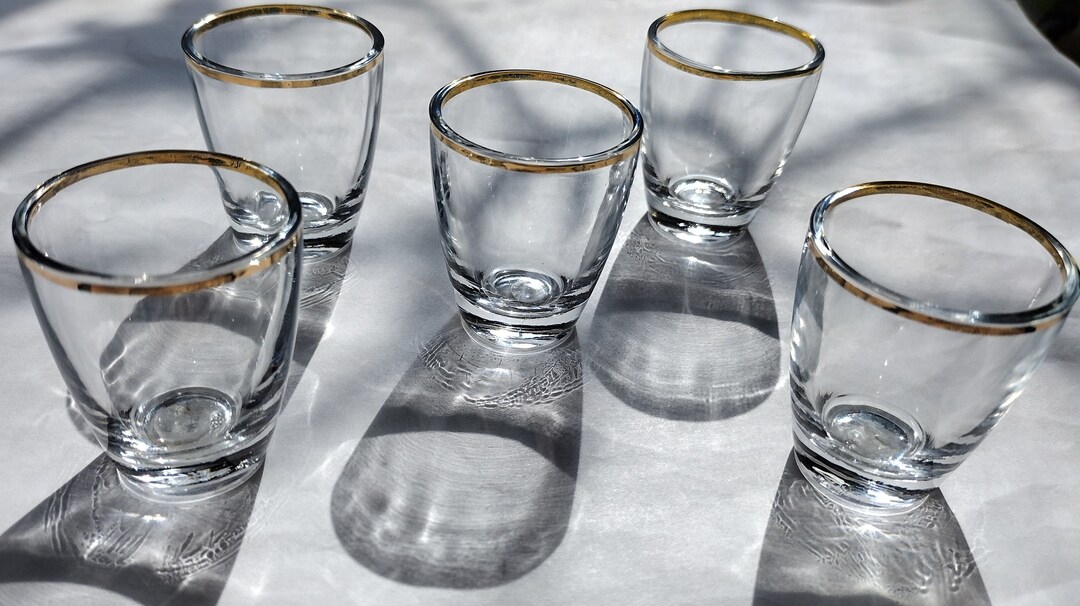 Vintage Set of 5 Clear Round Gold Rim Mini Shotglasses - Etsy
