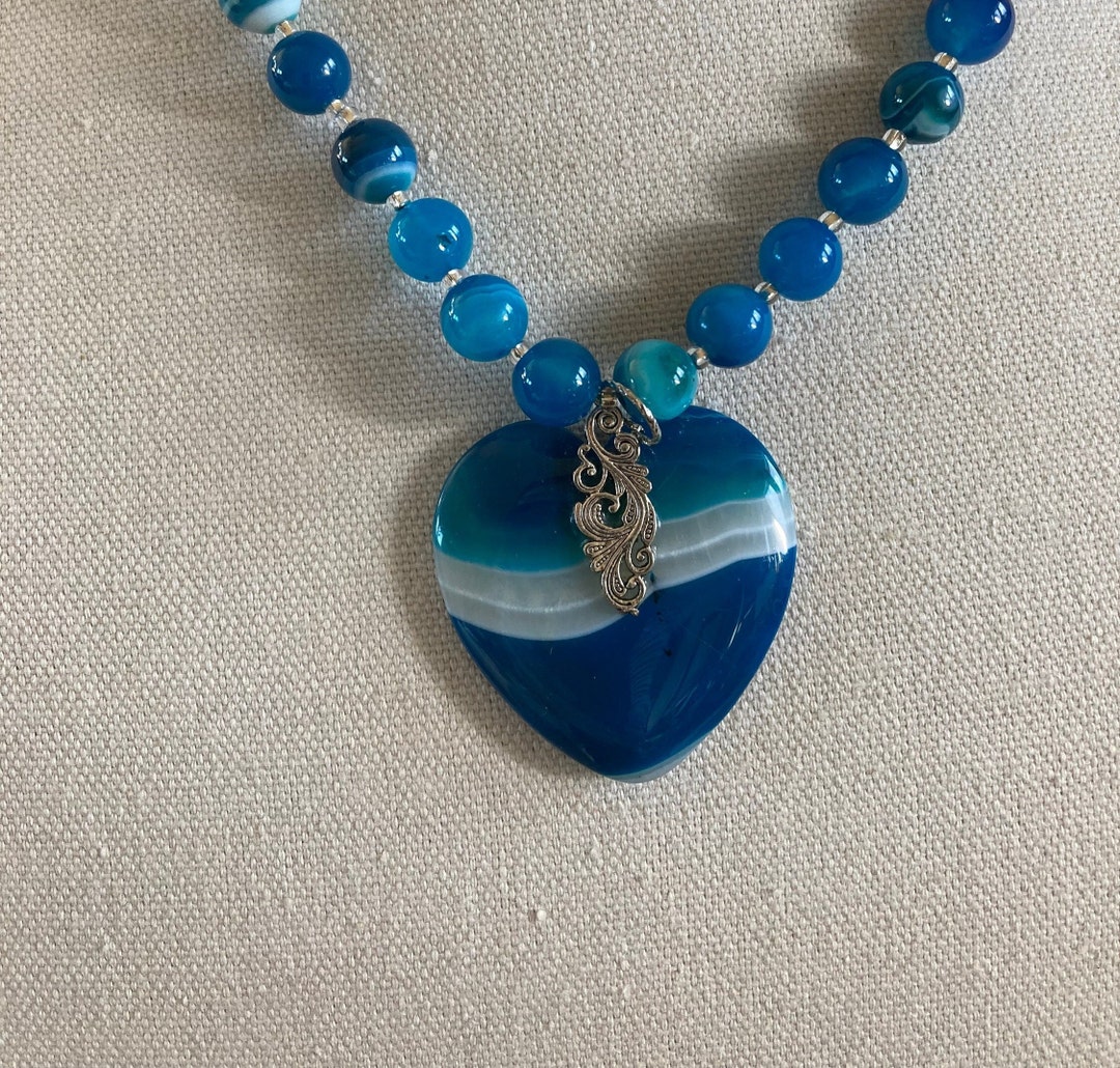 All Agog in Blue Agate, a Natural Stone Heart Necklace on Matching ...