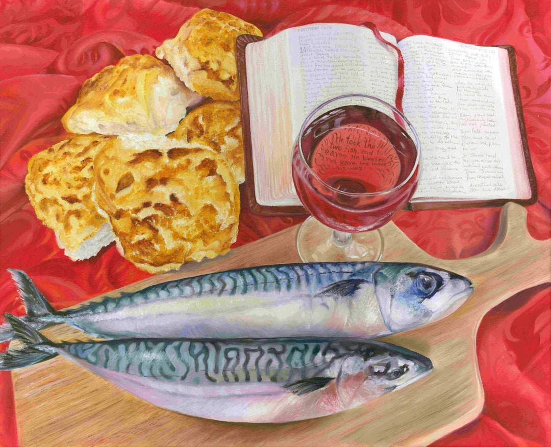 Bread, Wine and Fish. Original Oil Painting. Framed in a Champagne ...