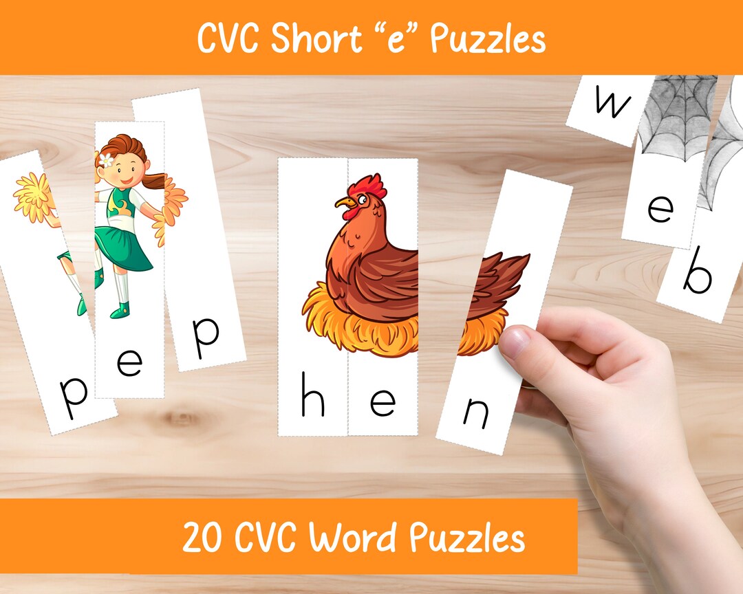 CVC Word Puzzles - Short "e" Set of 20 Puzzle Cards, Printable ...