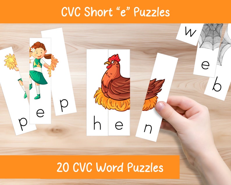 CVC Word Puzzles - Short "e" Set of 20 Puzzle Cards, Printable ...