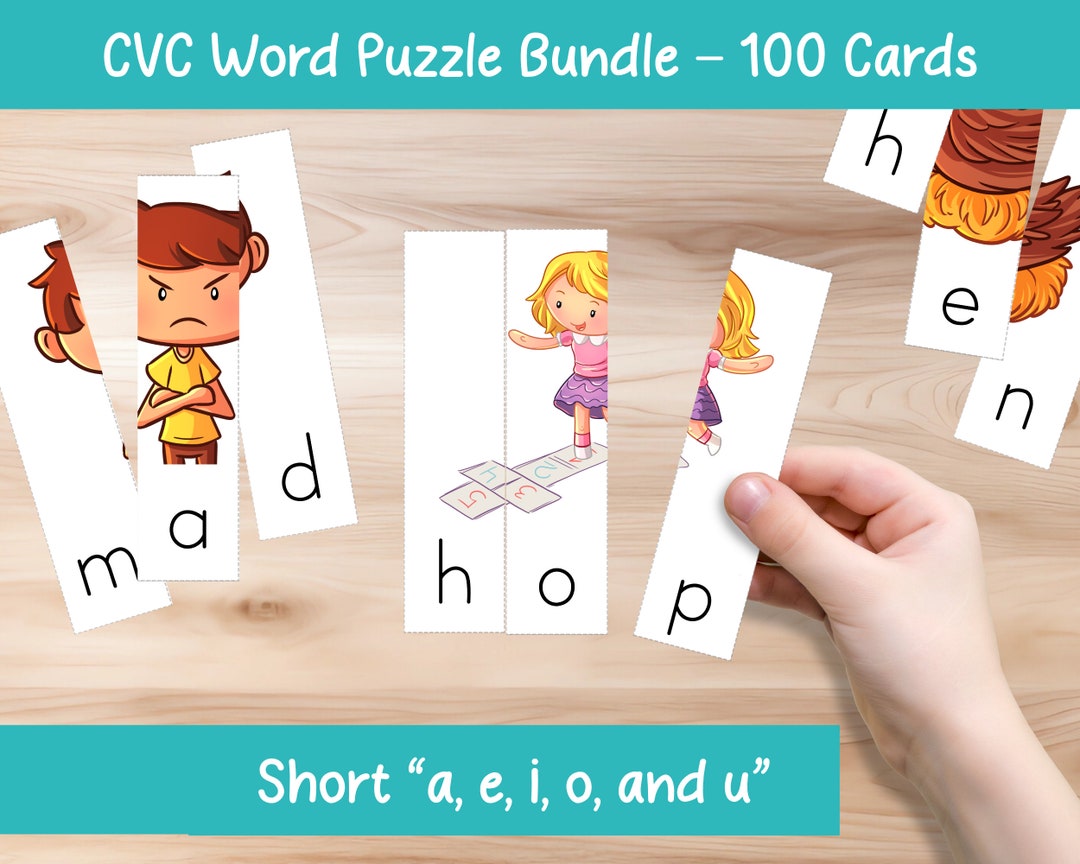 CVC Short Vowel Word Puzzles Bundle - Set of 100 Cards, Printable ...