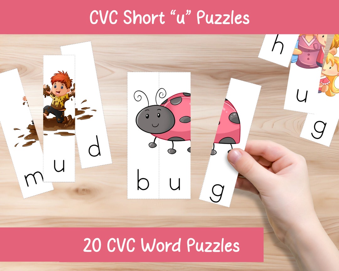 CVC Word Puzzles - Short "u" Set of 20 Puzzle Cards, Printable ...