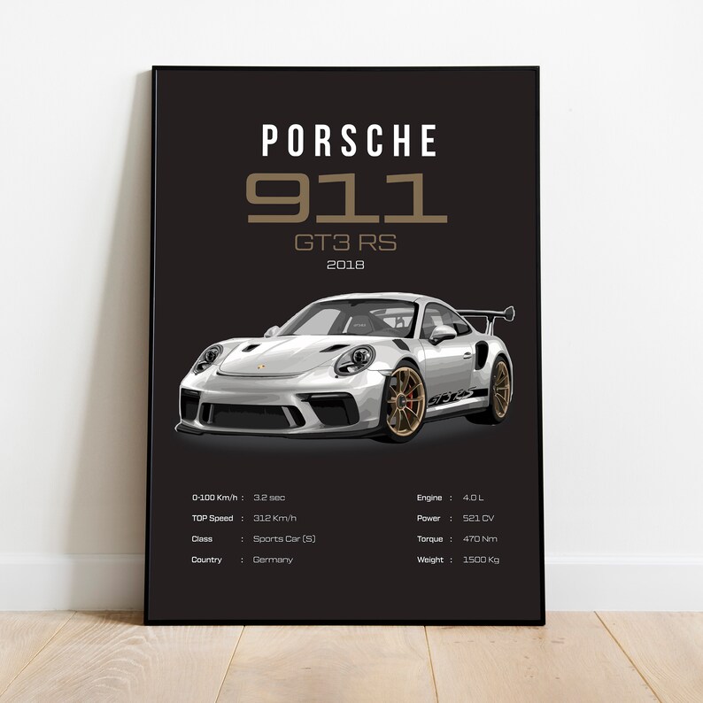 Porsche 911 GT3 RS Poster Prints Wall Art for Kids Boys Room Decor ...
