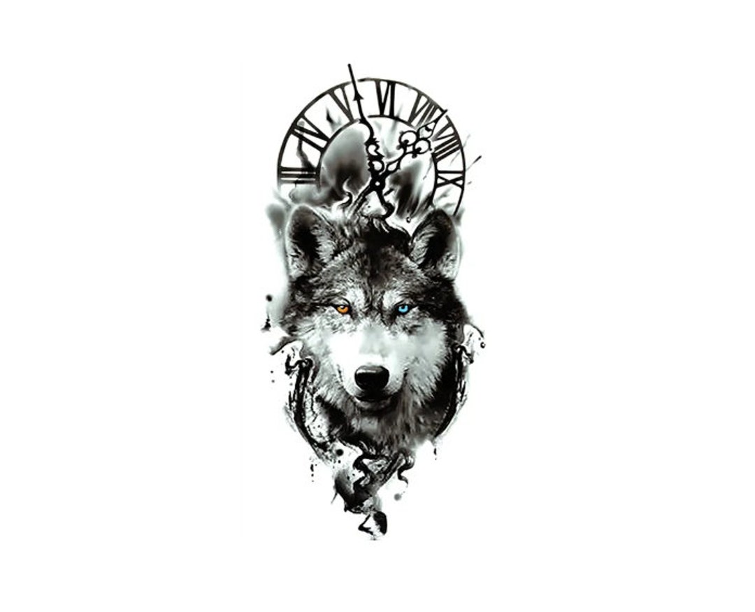 Wolf and Clock Temporary Tattoo Half Sleeve - Etsy