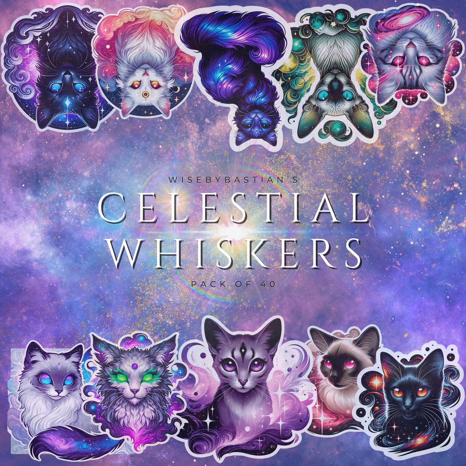 Celestial Whiskers , Series 1 - 40-pack Mystical Cat Digital Clipart ...
