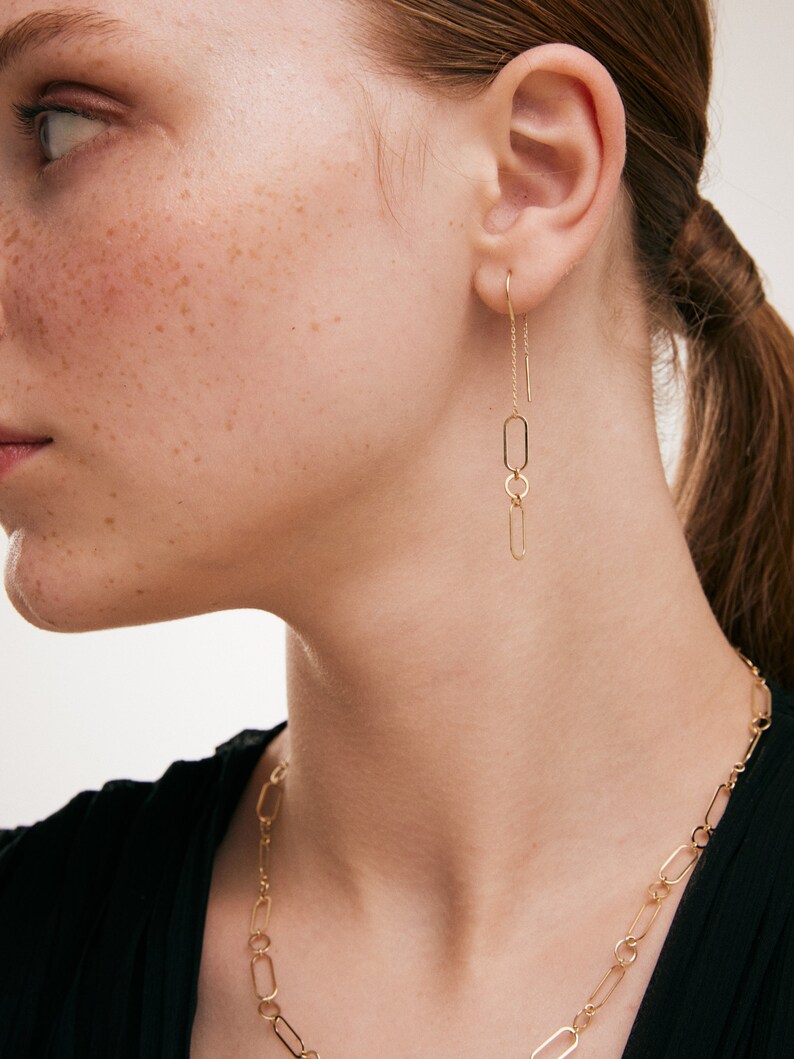 Paperclip Chain Dangle Drop Earrings in 14K Solid Gold Oval Threader ...