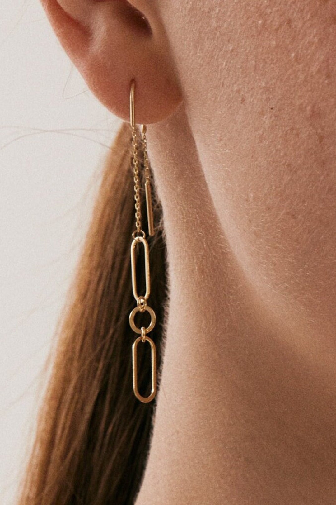 Paperclip Chain Dangle Drop Earrings in 14K Solid Gold Oval Threader ...