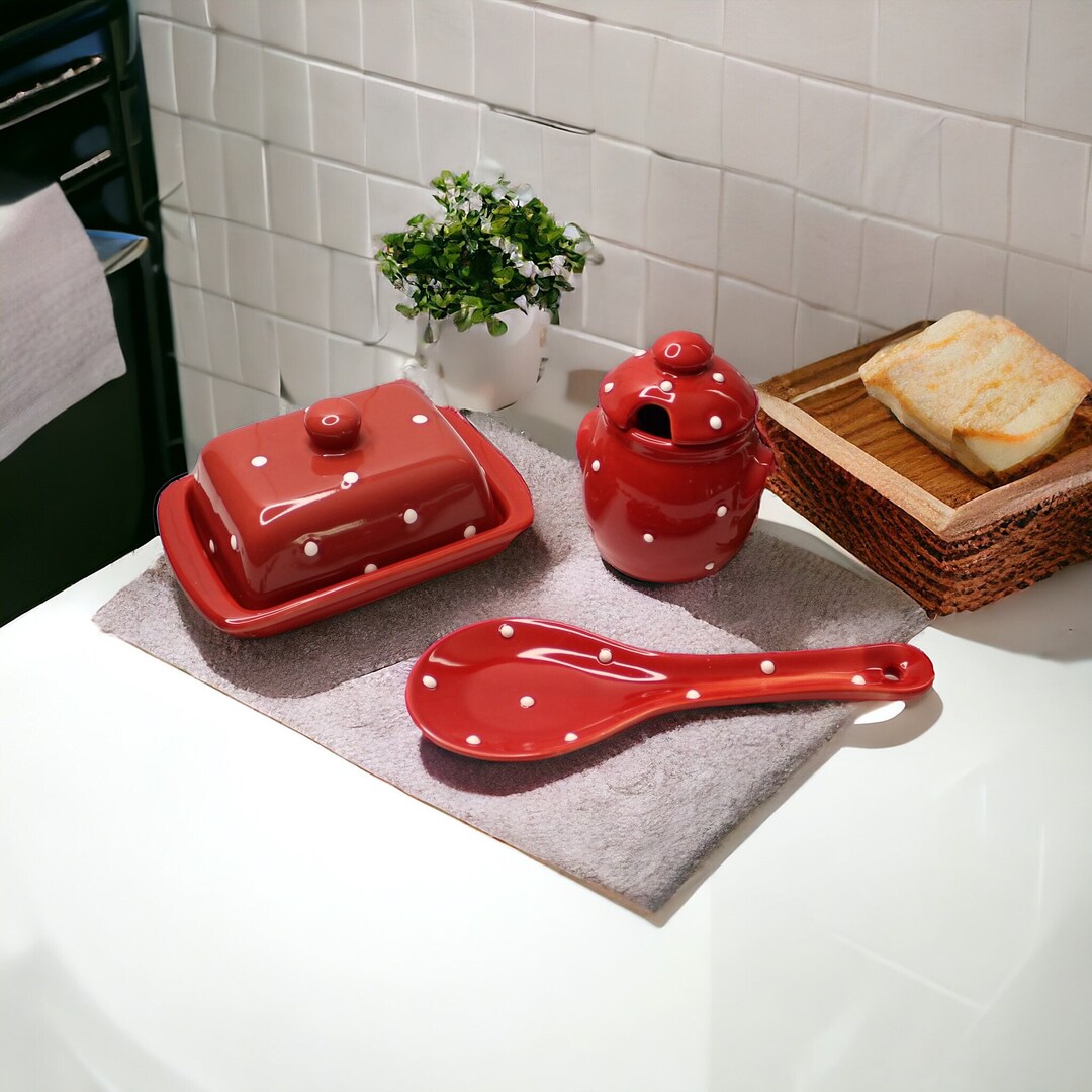 Handmade Ceramic Kitchen Set: Red Polka Dot Butter Dish, Spoon Rest ...