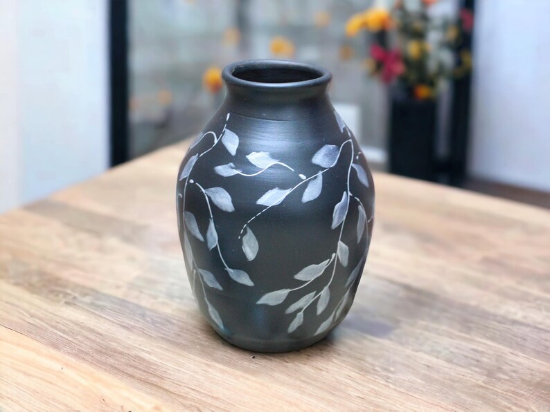 Handmade Ceramic Vase: Black Leaf Print, Fall Decor (11.5 Inch) - Etsy