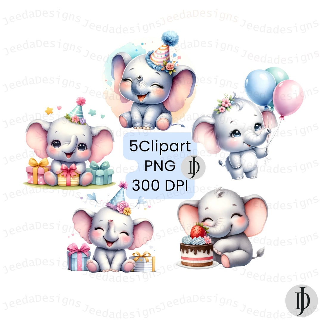 5 Baby Elephant Birthday Clipart PNG, Birthday, Presents, Balloons ...