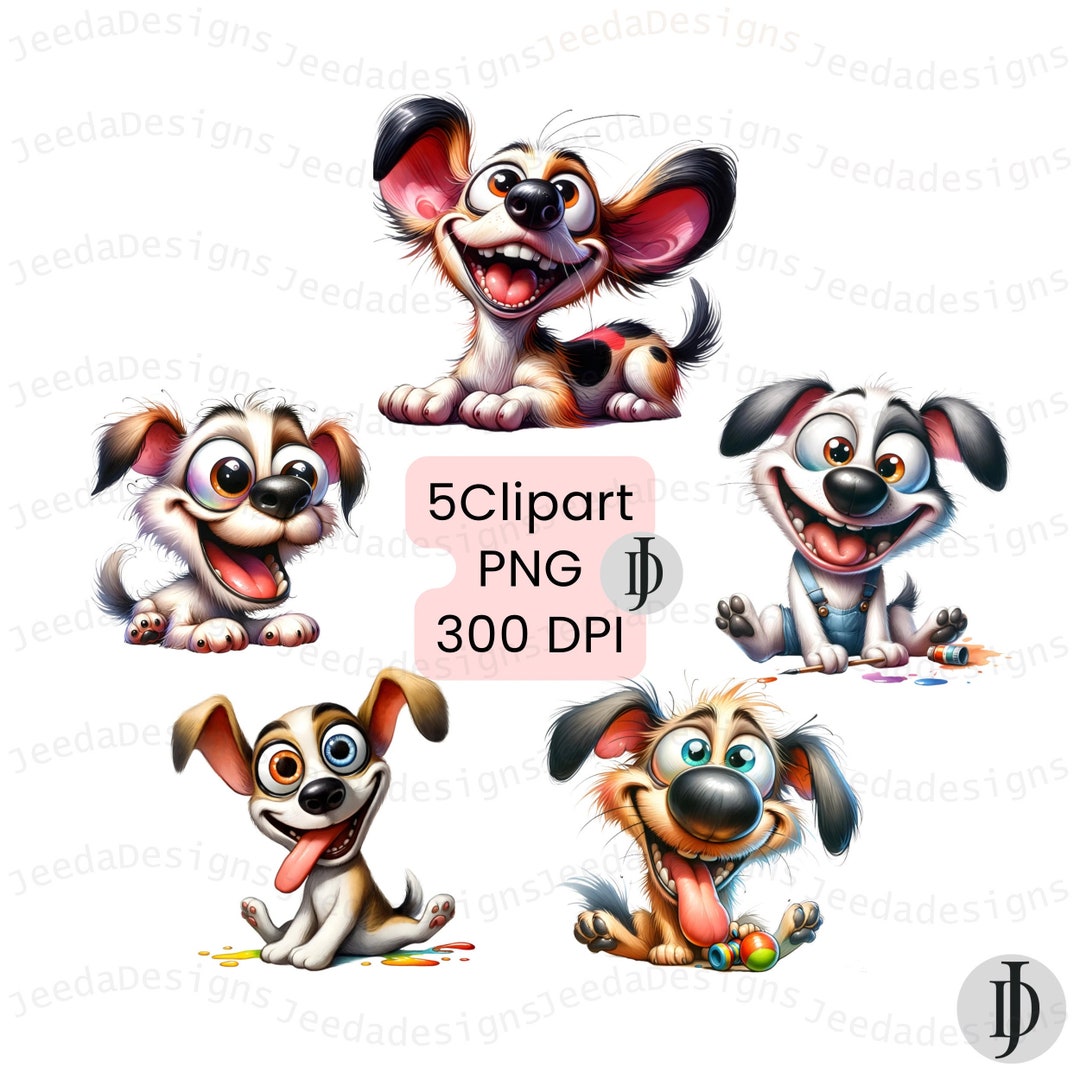 5 Funny Dog Clip Art PNG, Animal Clipart, Cartoon Clipart, Watercolor ...
