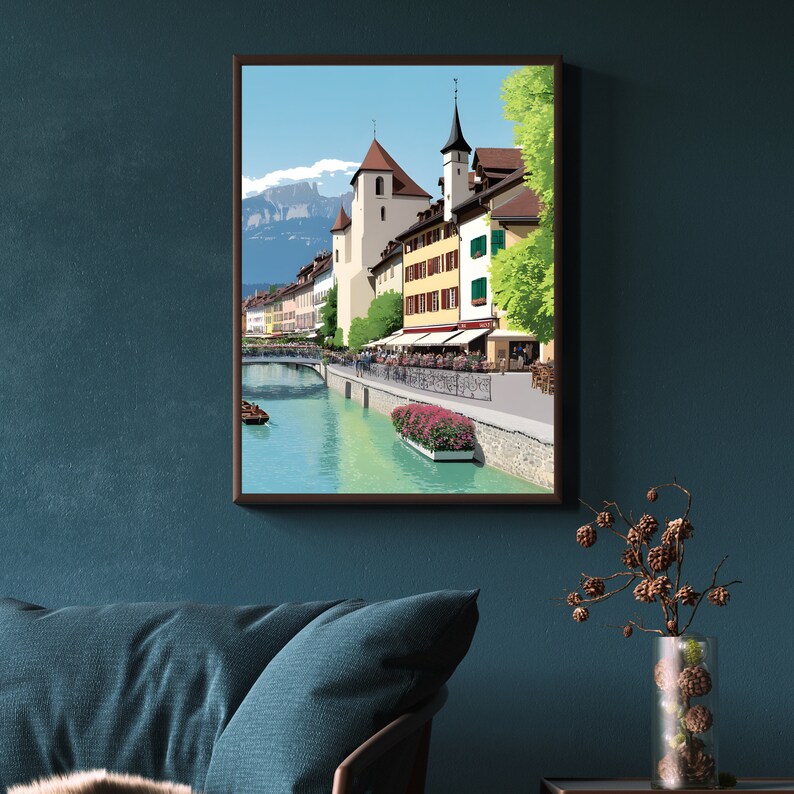 Annecy Riverside Cafe Digital Artwork French Alpine Town Scene Vibrant ...