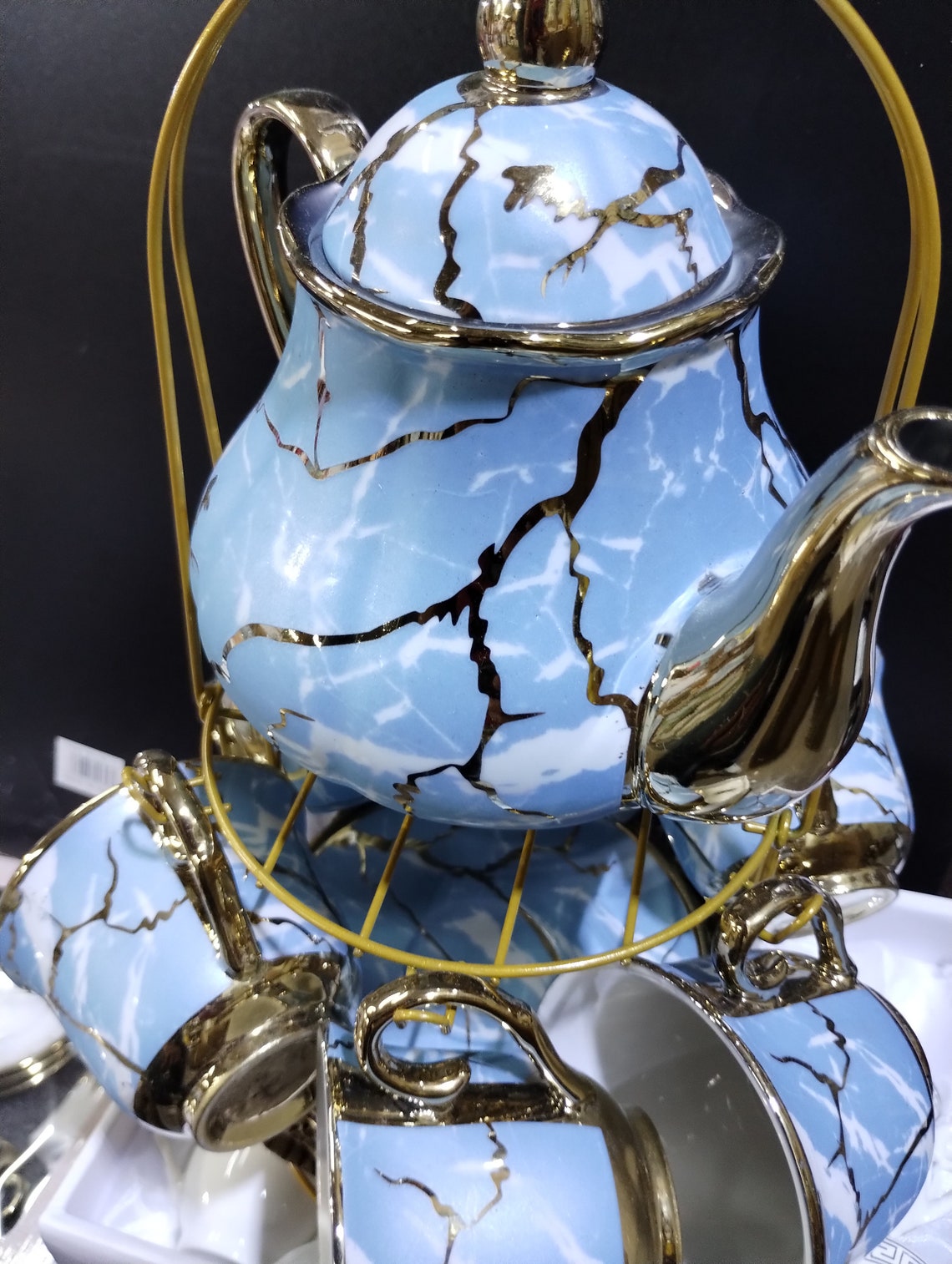 20 Pc Blue Tea Set , 7 Oz Cups 1 Tea Pot 6 Cups 6 Saucers 6 Spoons Rack ...