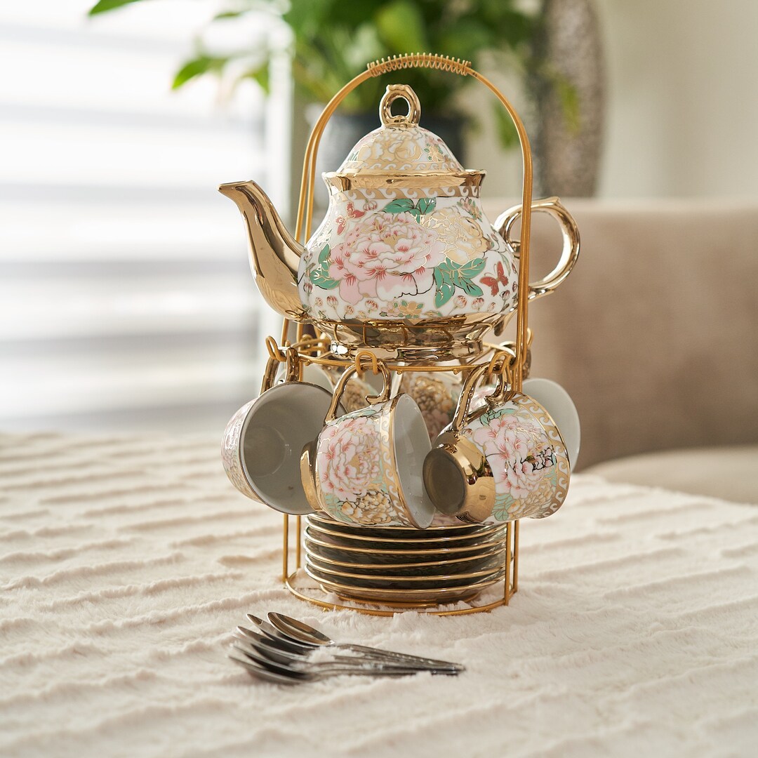 20 Pc Multi Gold Tea Set , 3 Oz Cups Tea Pot, 6 Cups 6 Saucers 6 Spoons ...