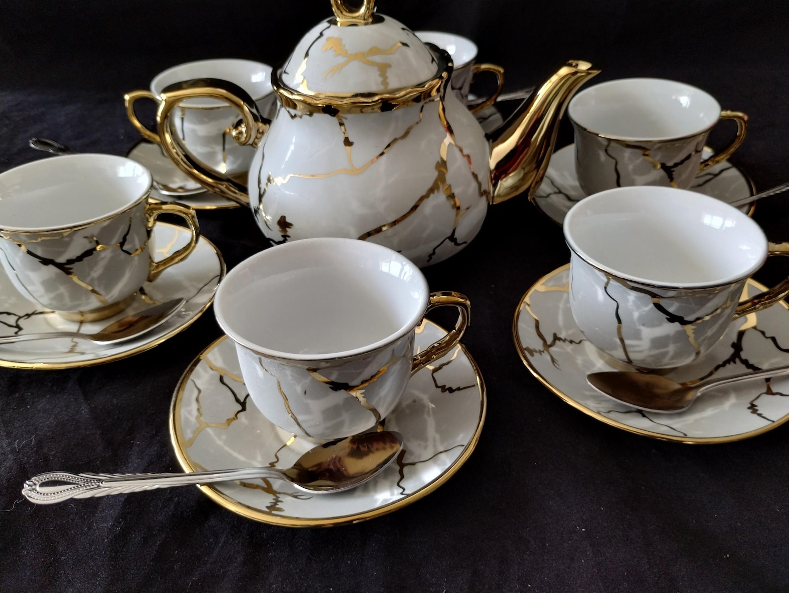 Gold Trim Grey Marble Tea Set: Teapot, 3oz Cups, Saucers, Spoons, Rack ...
