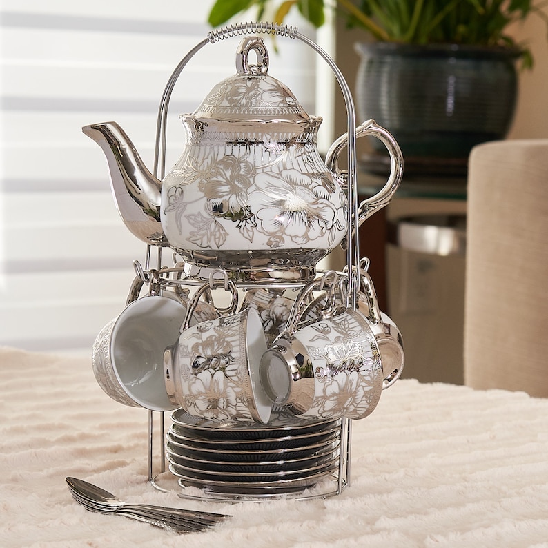 Silver Tea Set: 20-piece Floral Teapot, 3 Oz Cups, Saucers, Spoons ...