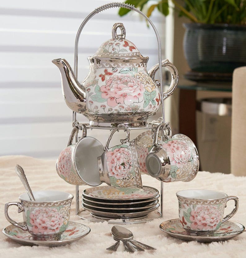 Multi Silver Floral Tea Set: 20-piece Teapot, 3oz Cups, Saucers, Rack ...
