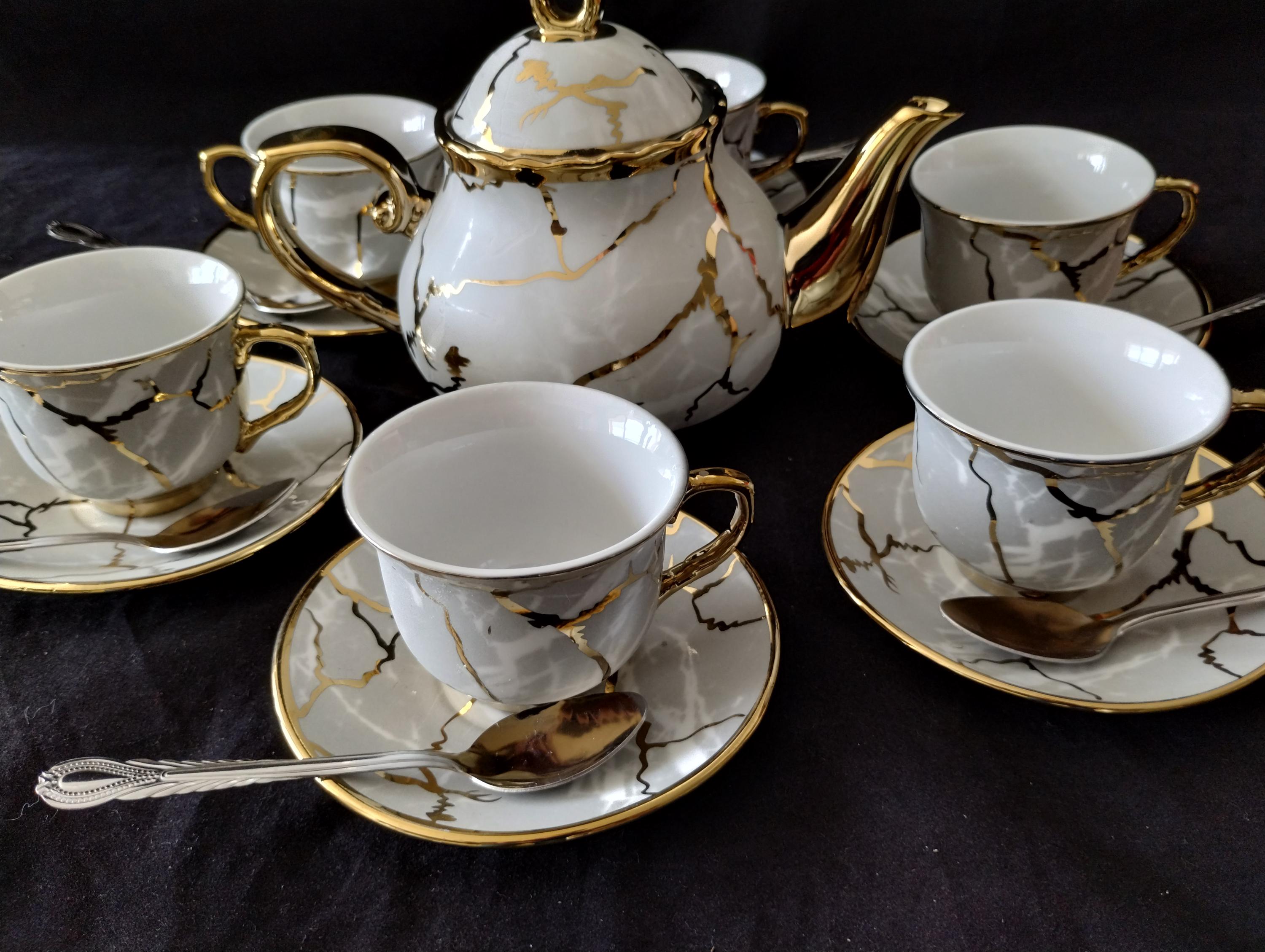Gold Trim Grey Marble Tea Set: Teapot, 3oz Cups, Saucers, Spoons, Rack ...