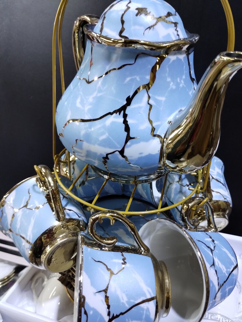 20 Pc Blue Tea Set , 7 Oz Cups 1 Tea Pot 6 Cups 6 Saucers 6 Spoons Rack ...