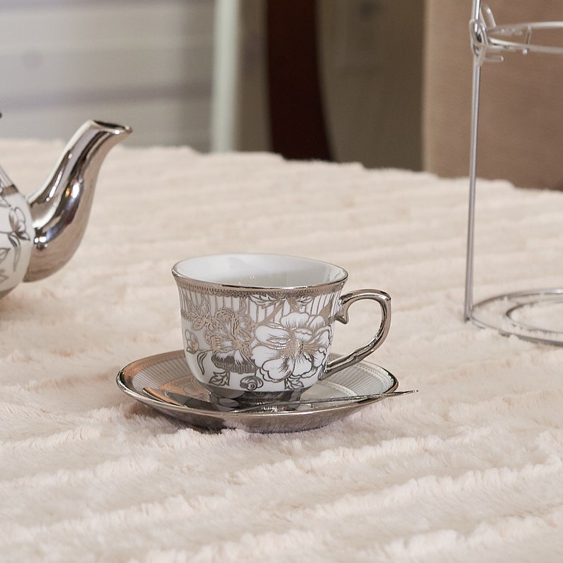 Silver Tea Set: 20-piece Floral Teapot, 3 Oz Cups, Saucers, Spoons ...