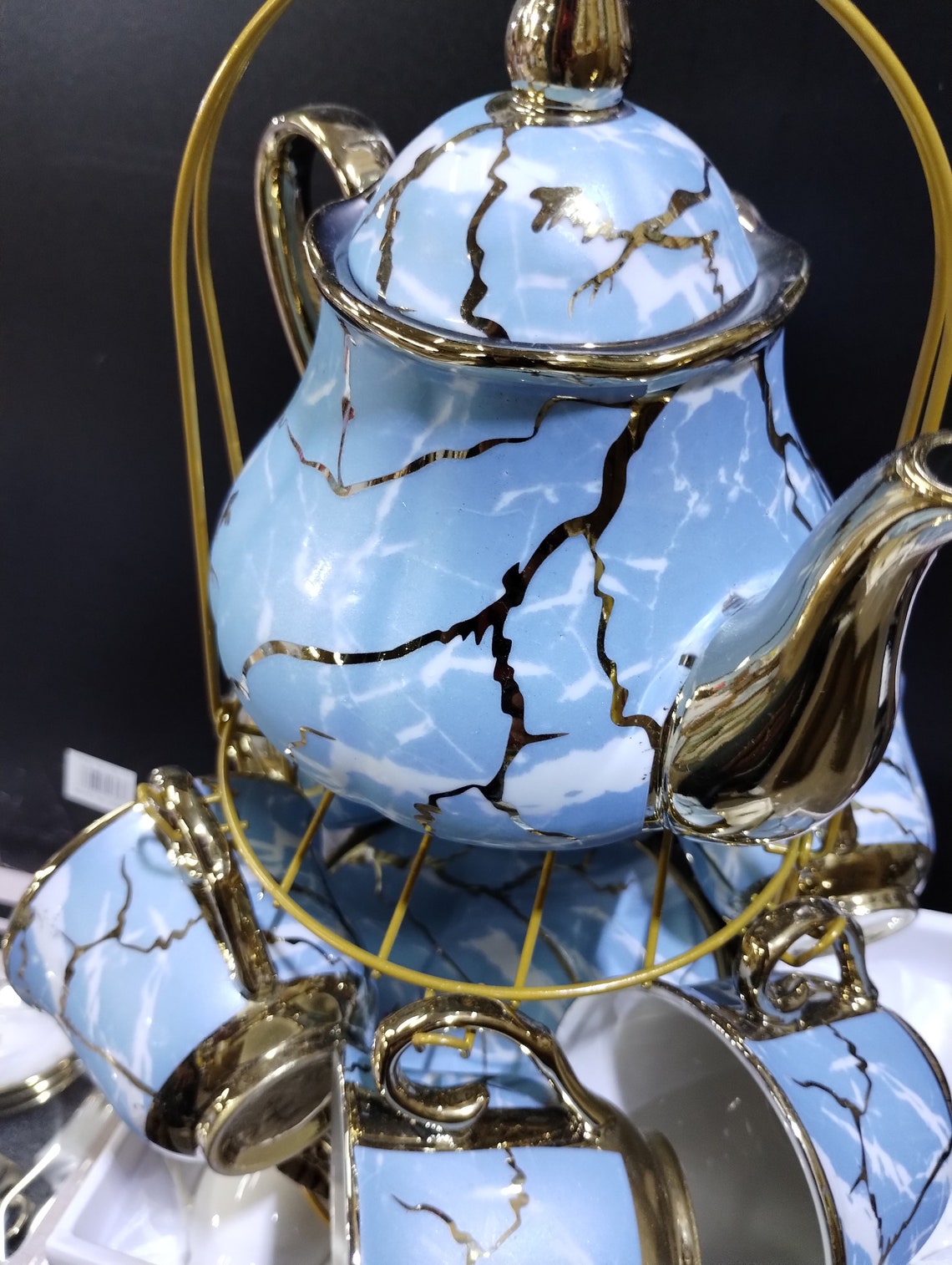 20 Pc Blue Tea Set , 7 Oz Cups 1 Tea Pot 6 Cups 6 Saucers 6 Spoons Rack ...