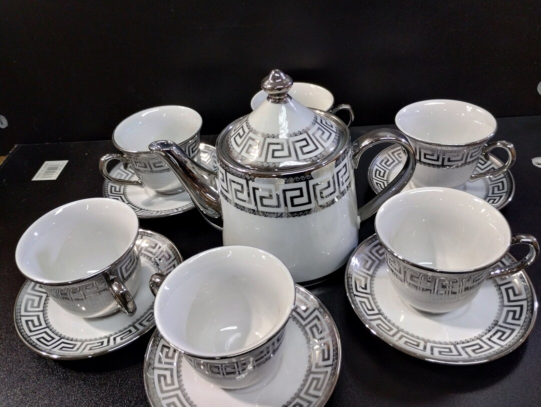20 Pc Tall Silver Lines Tea Set , 7 Oz Cups 1 Tea Pot 6 Cups 6 Saucers ...