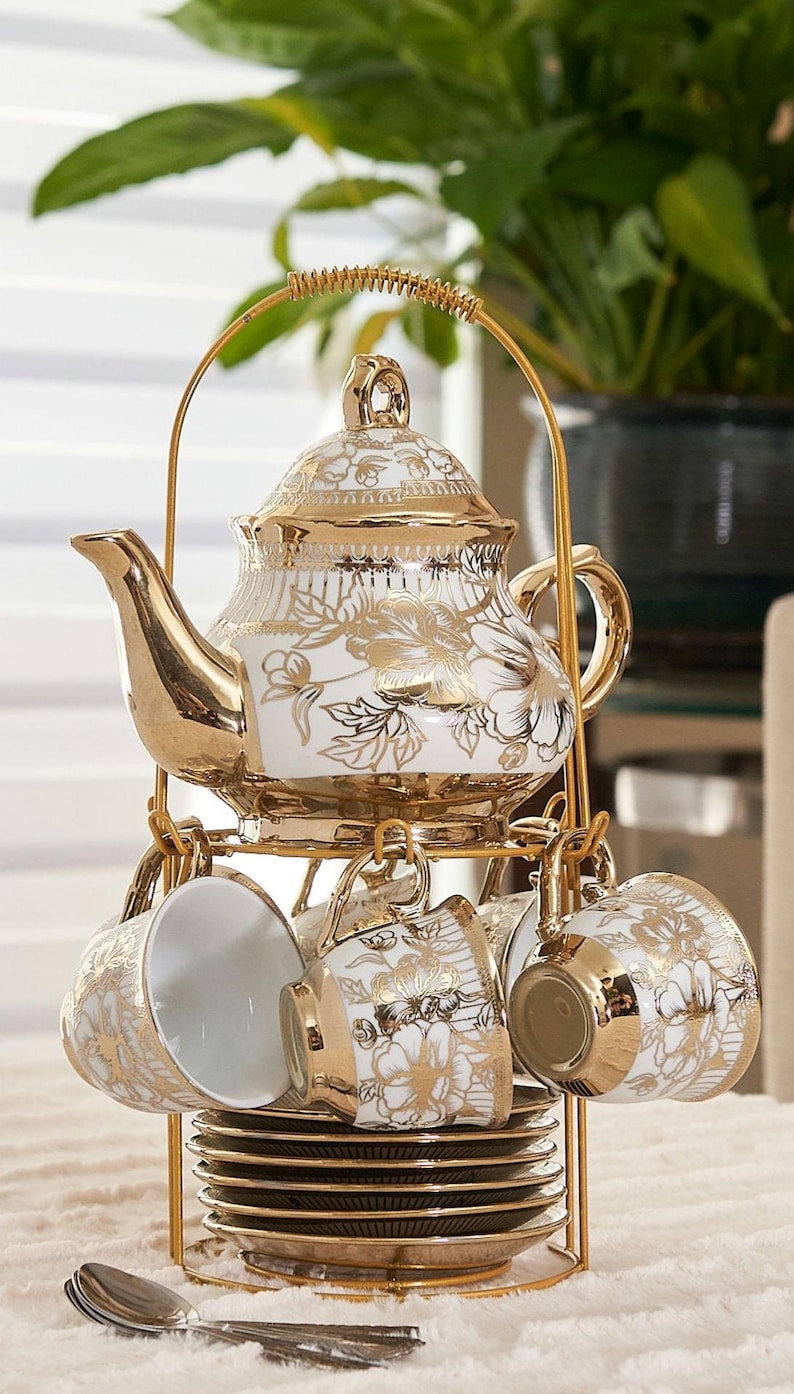 Gold Tea Set 20-piece Teapot 3 Oz Cups Saucers Stainless Steel Spoons ...