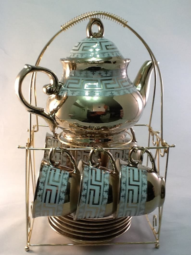 20 Pc Gold Lines Tea Set , 3 Oz Cups Tea Pot 6 Cups 6 Saucers 6 Spoons ...